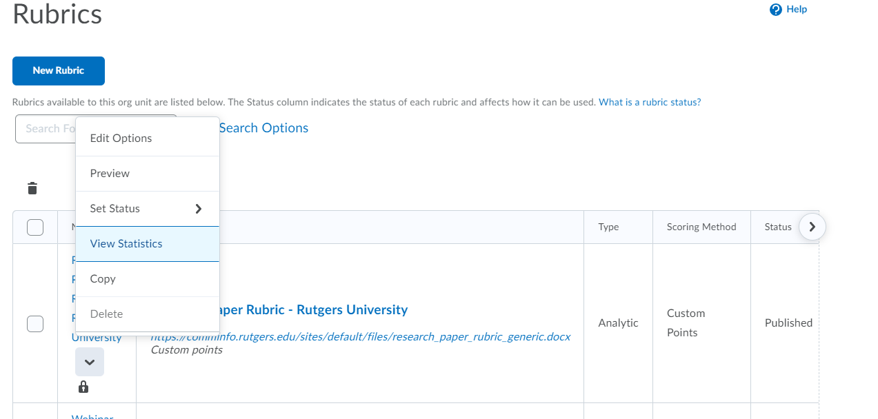 View rubric statistics in myCourses